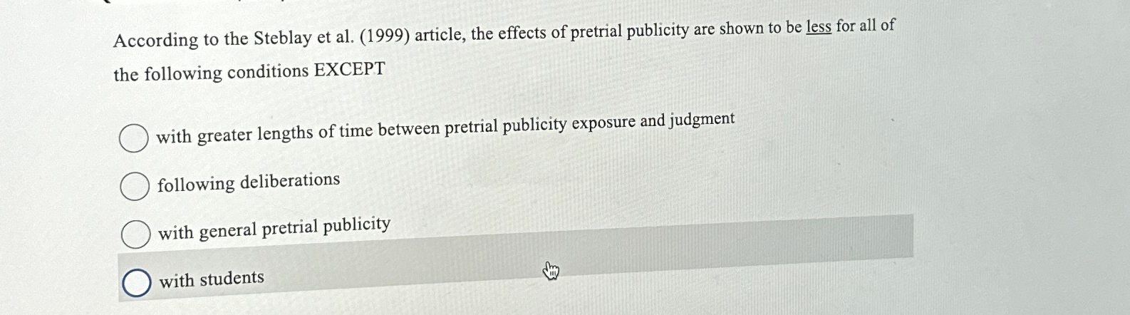 Solved According to the Steblay et al. (1999) ﻿article, the | Chegg.com