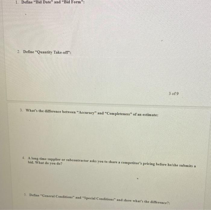 Solved 1. Define "Bid Date" and "Bid Form": 2. Define | Chegg.com