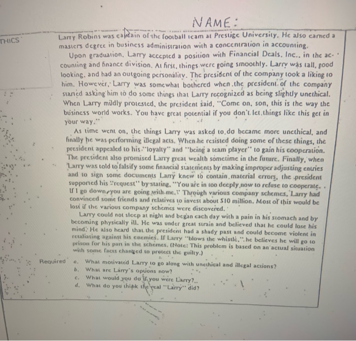 THICS NAME: Larry Robins was captain of the football | Chegg.com ...