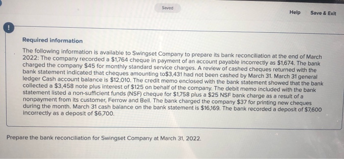 Solved Saved Help Save & Exit Required information The | Chegg.com