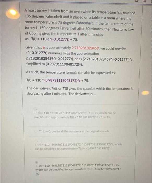 Solved A roast turkey is taken from an oven when its | Chegg.com