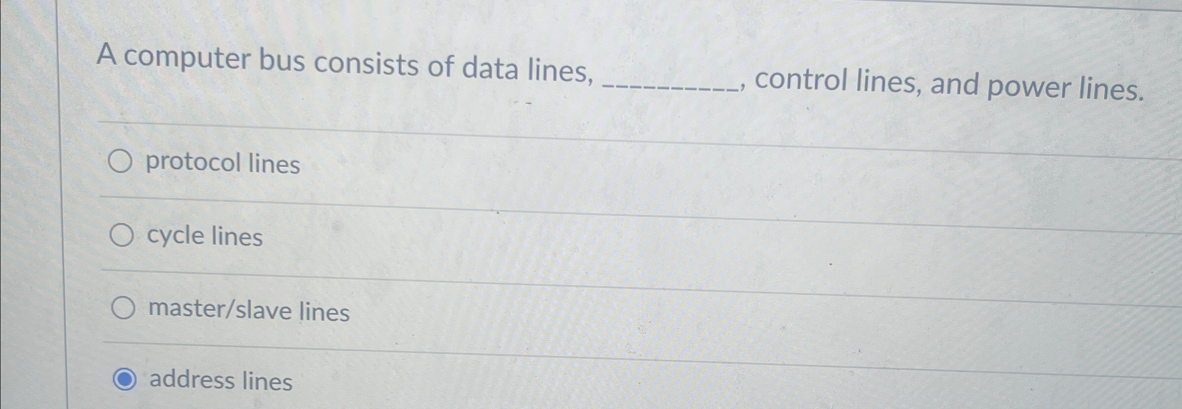 Solved A computer bus consists of data lines, ﻿control | Chegg.com
