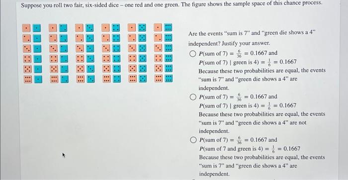 Solved Suppose you roll two fair, six-sided dice - one red | Chegg.com