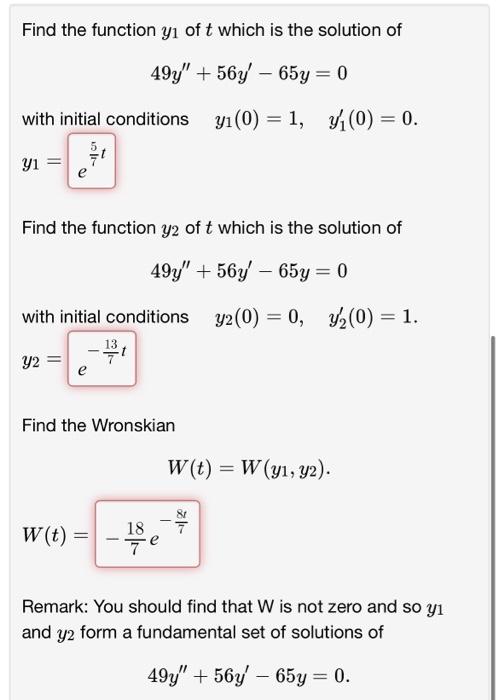 Solved Find the function y1 of t which is the solution of | Chegg.com