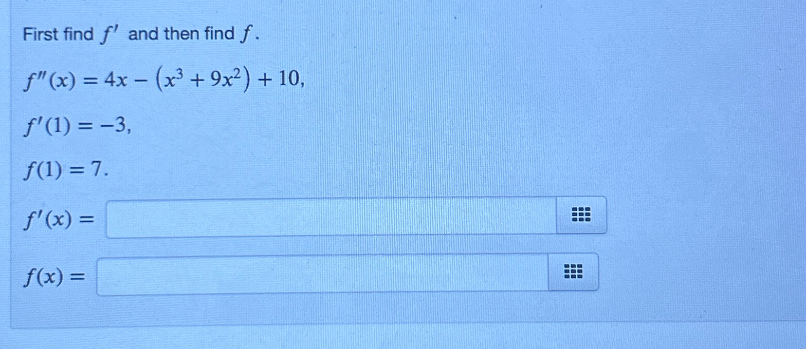 Solved First find f' ﻿and then find | Chegg.com