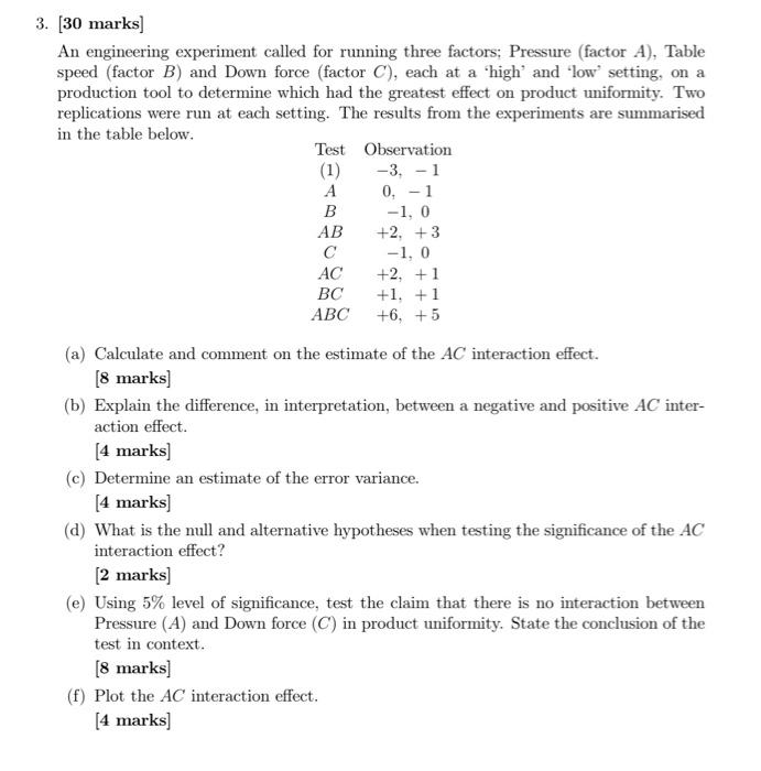 Solved 3. [30 marks] An engineering experiment called for | Chegg.com