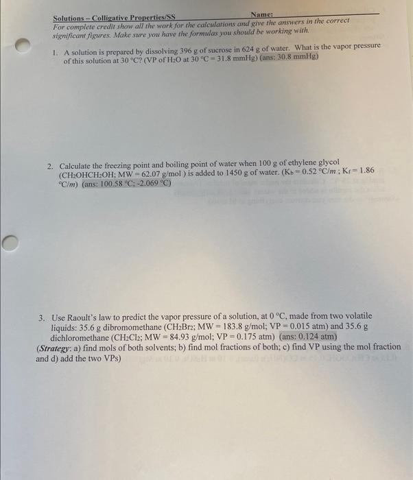 Solved Solutions - Colligative Properties/SS Name: For | Chegg.com