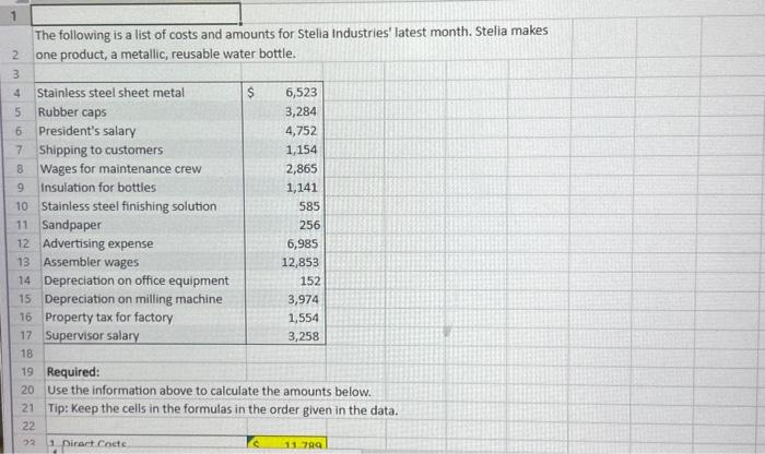 Solved The following is a list of costs and amounts for | Chegg.com