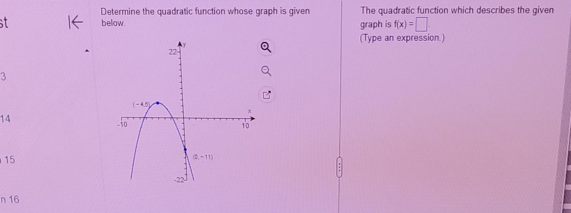 Solved Determine the quadratic function whose graph is given | Chegg.com