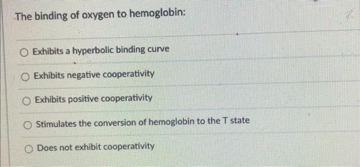 Solved The binding of oxygen to hemoglobin: Exhibits a | Chegg.com