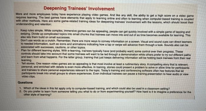 Solved Deepening Trainees' Involvement More and more | Chegg.com