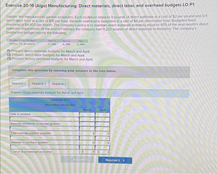 Solved Exercise 20-16 (Algo) Manufacturing: Direct | Chegg.com Solved Exercise 20-16 (Algo) Manufacturing: Direct | Chegg.com