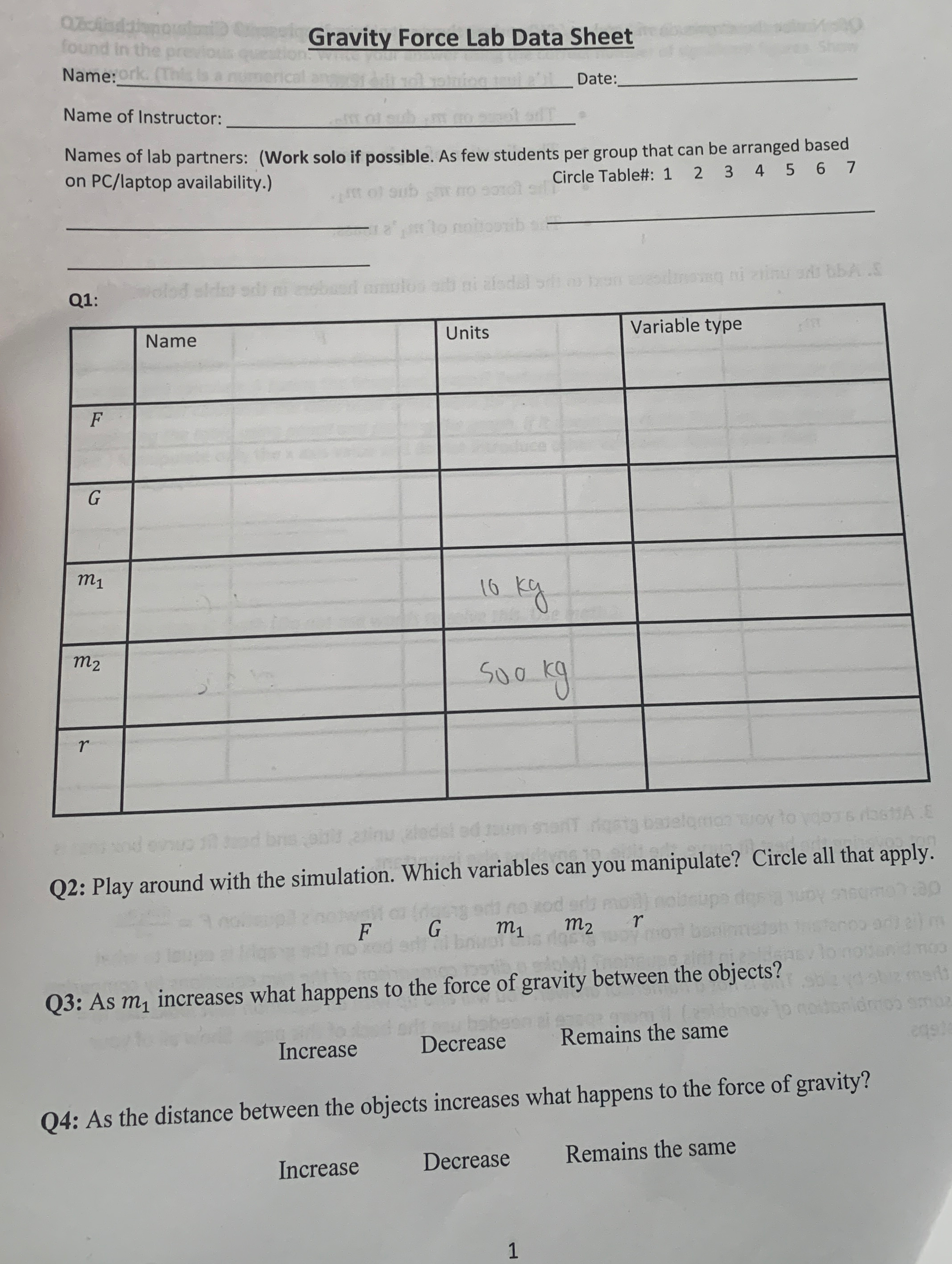 Solved Gravity Force Lab Data SheetName: q, ﻿DateName of | Chegg.com