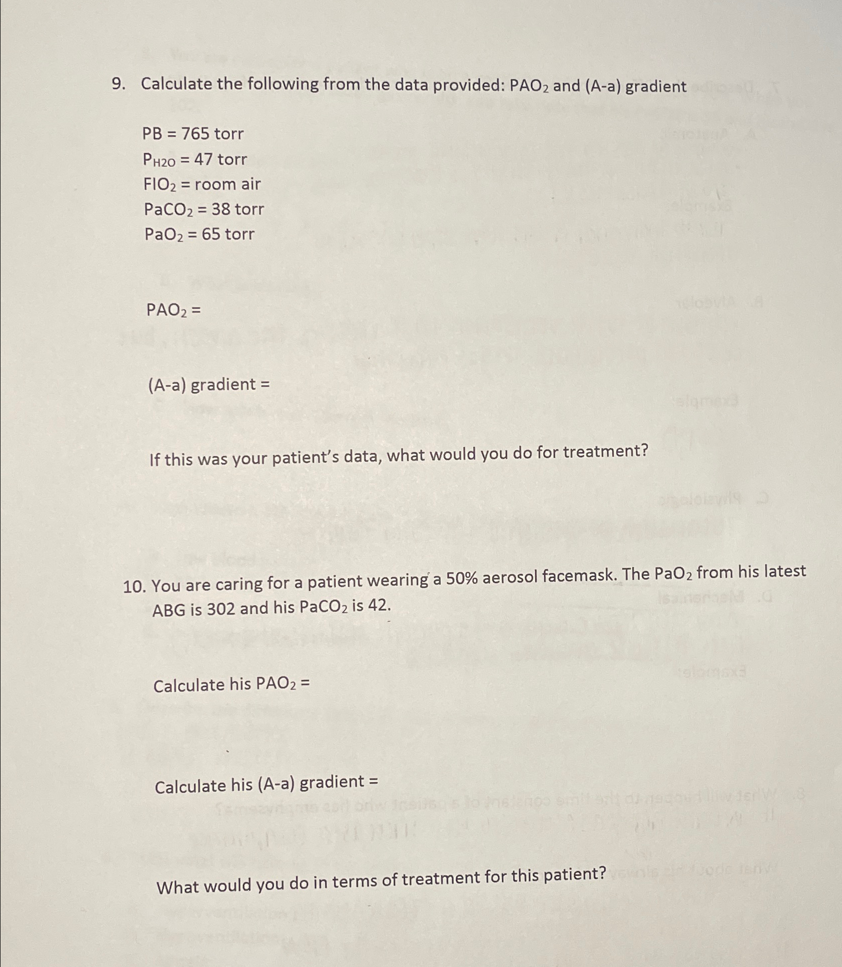 Solved Calculate the following from the data provided: PAO2 | Chegg.com