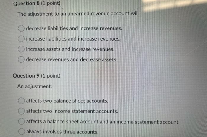Solved Question 8 (1 point) The adjustment to an unearned | Chegg.com