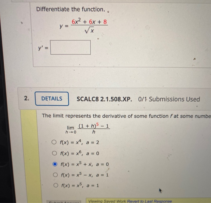 Solved Differentiate the function. y = 6x2 + 6x + 8 x y' = | Chegg.com