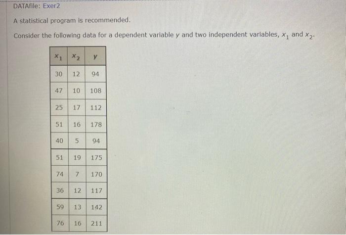 Solved DATAfile: Exer2 A statistical program is recommended. | Chegg.com