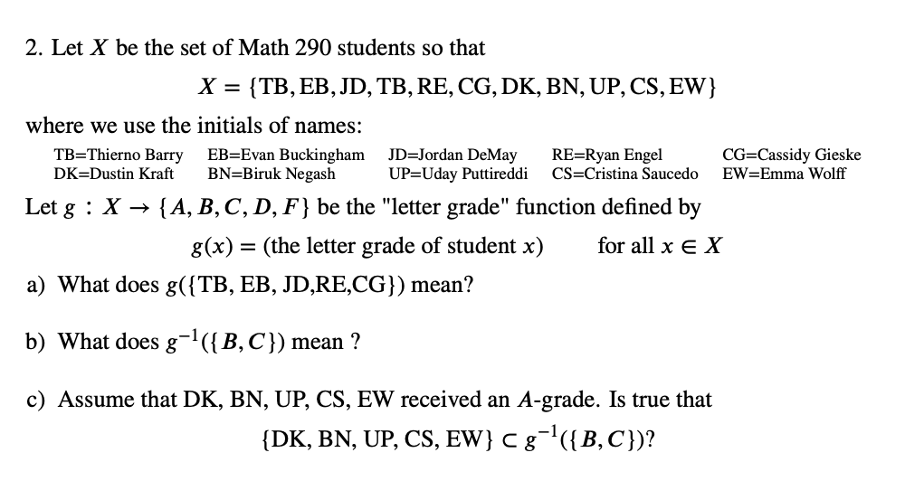 Solved Let x ﻿be the set of Math 290 ﻿students so | Chegg.com