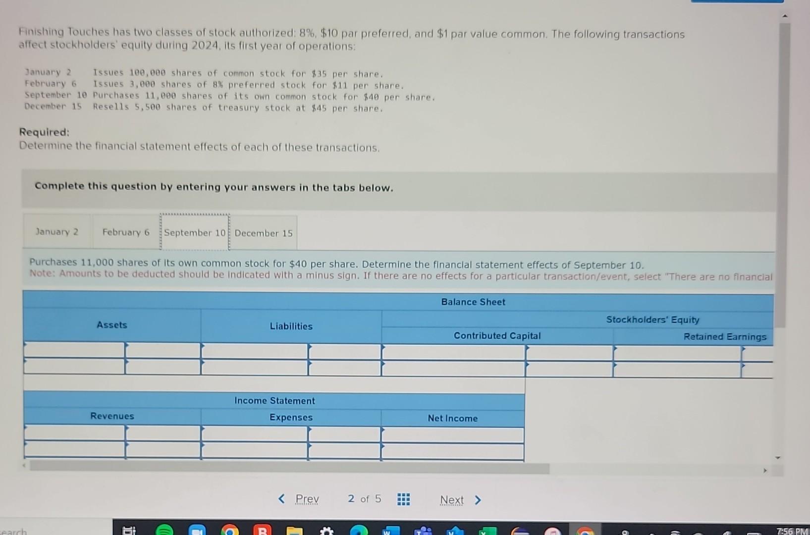 Solved Finishing Touches has two classes of stock | Chegg.com
