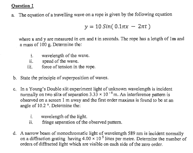 Solved Question 1a. ﻿The equation of a travelling wave on a | Chegg.com