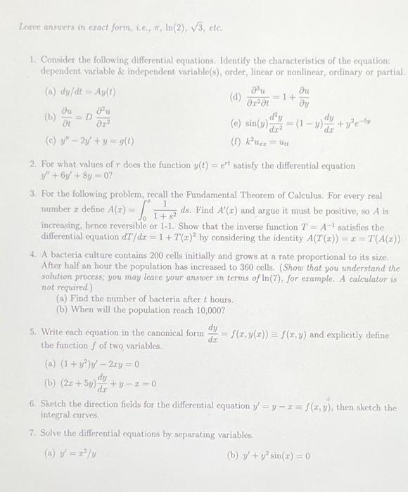 Solved Leave answers in eract form, i.e., π,ln(2),3, etc. 1. | Chegg.com