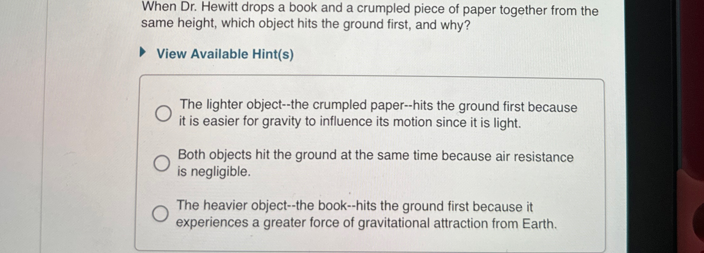 Solved When Dr. ﻿Hewitt drops a book and a crumpled piece of | Chegg.com
