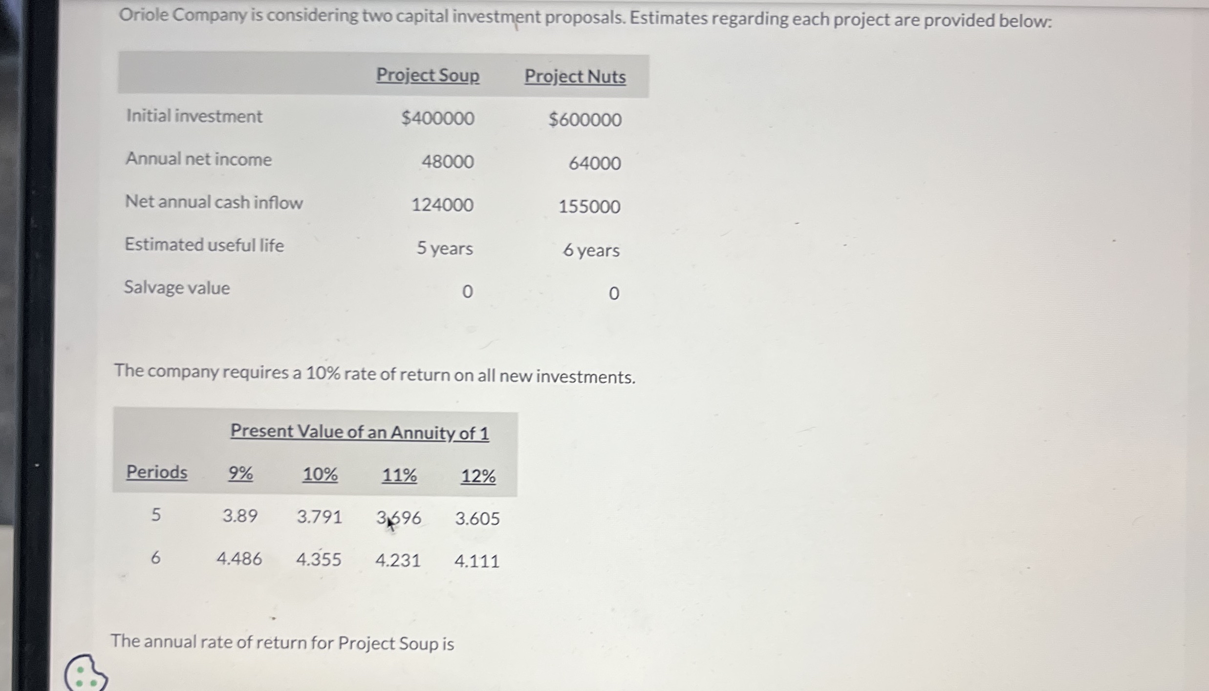 Solved Oriole Company is considering two capital investment | Chegg.com