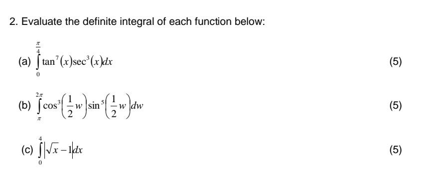 Solved 2. Evaluate the definite integral of each function | Chegg.com