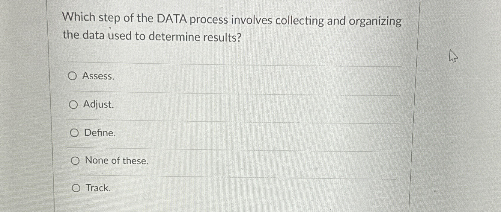 Solved Which step of the DATA process involves collecting | Chegg.com