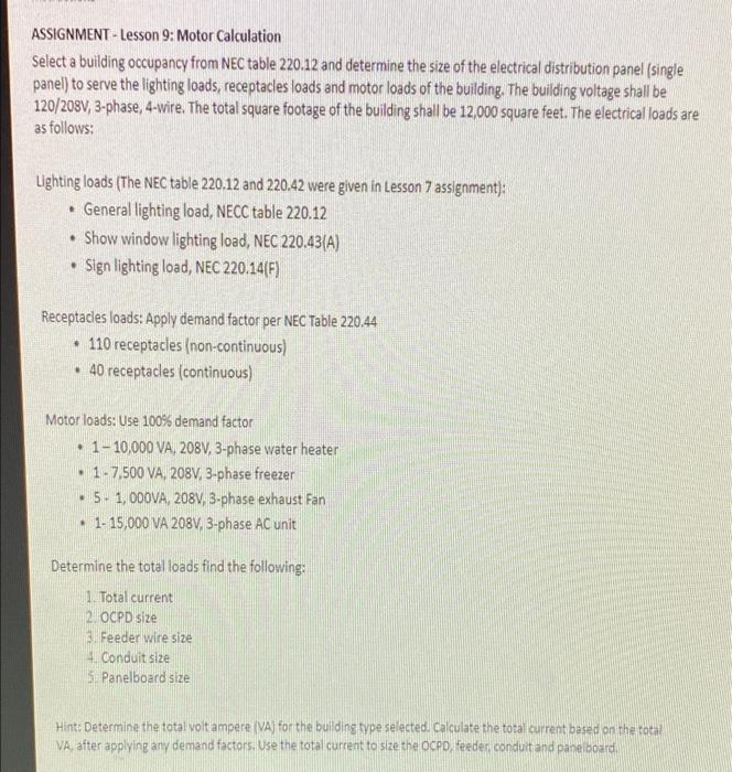 Solved ASSIGNMENT - Lesson 9: Motor Calculation Select a | Chegg.com