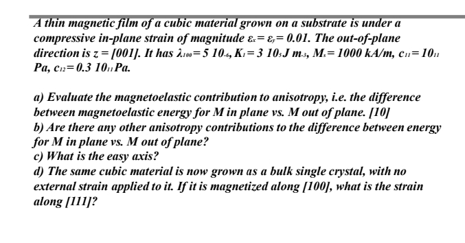 Solved A thin magnetic film of a cubic material grown on a | Chegg.com