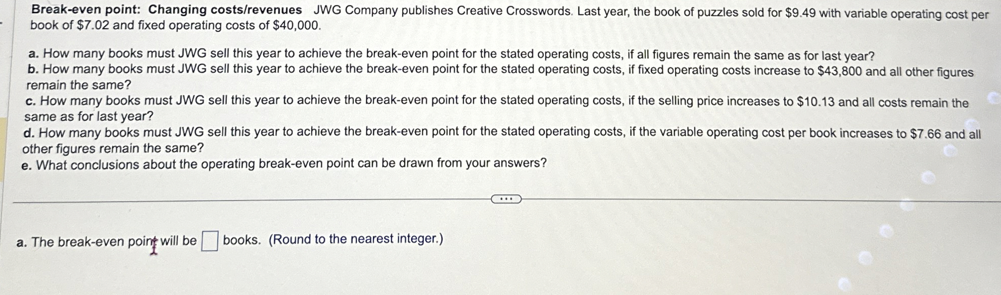 Solved Break-even point: Changing costs/revenues JWG Company | Chegg.com