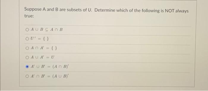Solved Suppose A and B are subsets of U. Determine which of | Chegg.com