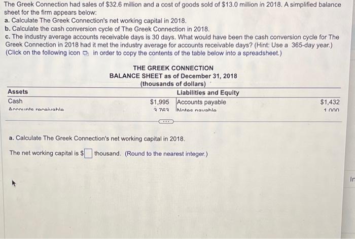 The Greek Connection had sales of $32.6 million and a | Chegg.com