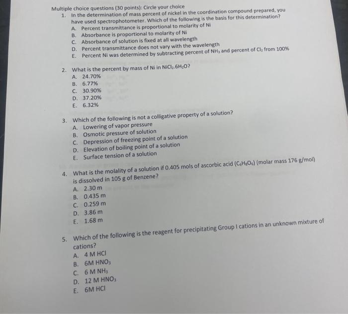 Solved Multiple choice questions ( 30 points): Circle your | Chegg.com