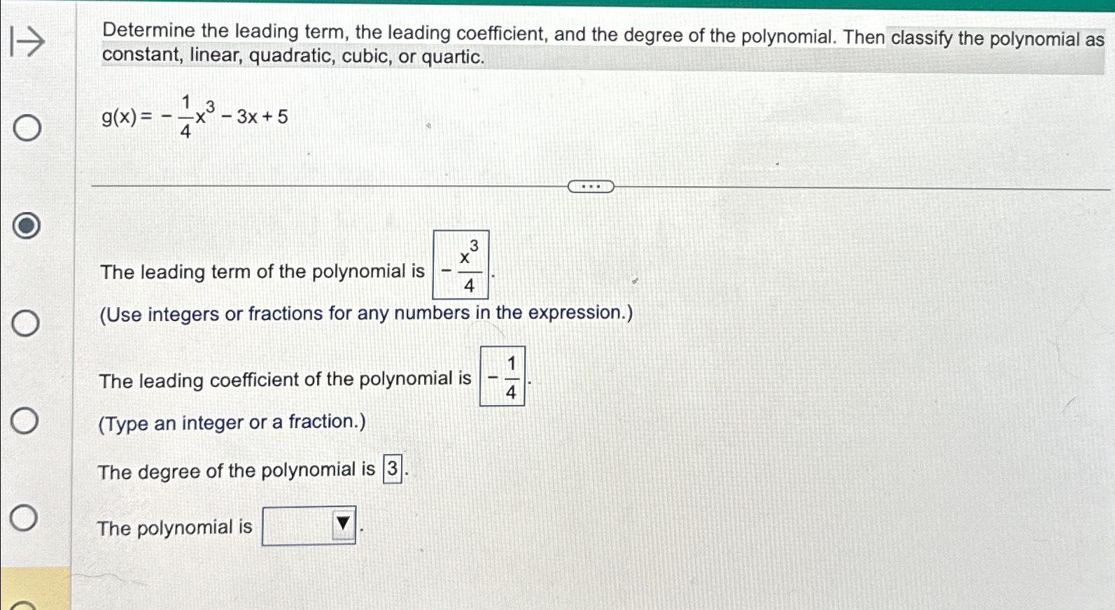 Solved Determine the leading term, the leading coefficient, | Chegg.com