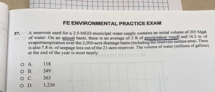 Solved 57. FE ENVIRONMENTAL PRACTICE EXAM A reservoir used | Chegg.com