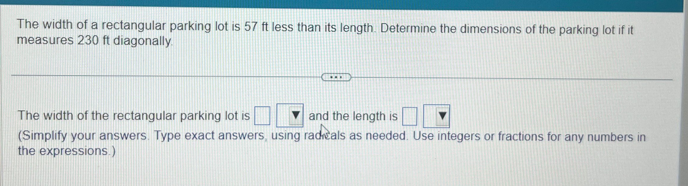 Solved The width of a rectangular parking lot is 57ft ﻿less | Chegg.com