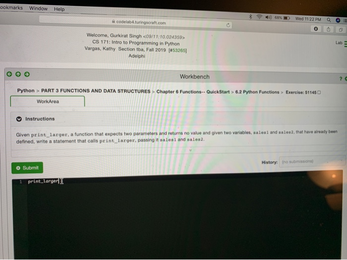 Solved ookmarks Window Help 3 ) 68% ) Wed 11:22 PM Q codelab | Chegg.com