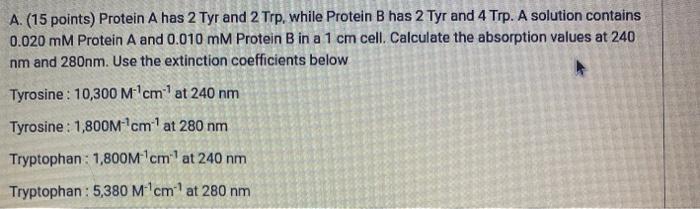 Solved A. (15 points) Protein A has 2 Tyr and 2 Trp, while | Chegg.com