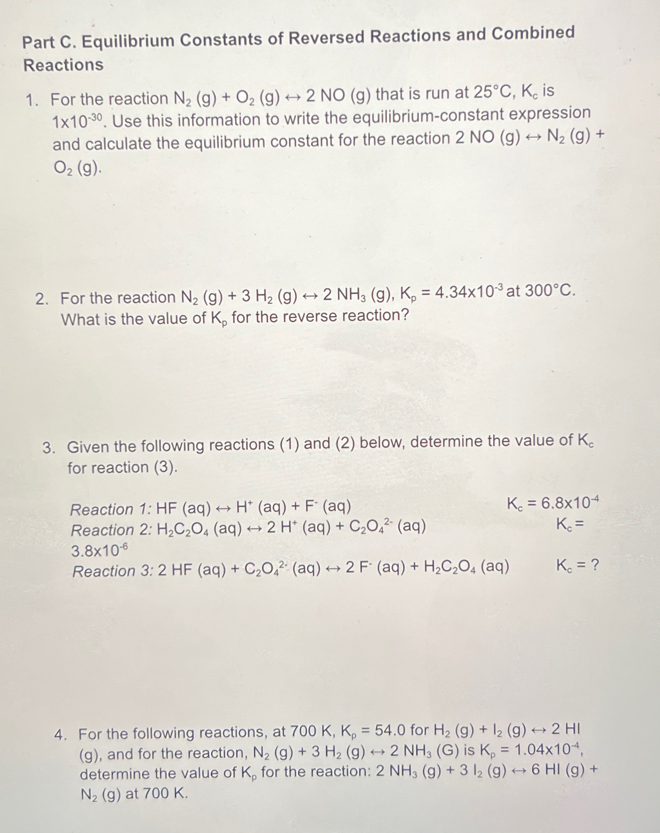 Solved Part C. ﻿Equilibrium Constants of Reversed Reactions | Chegg.com