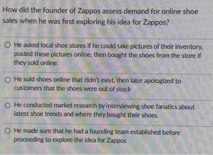 Solved How did the founder of Zappos assess demand for | Chegg.com