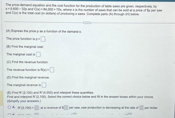 Solved The price-demand equation and the cost function for | Chegg.com
