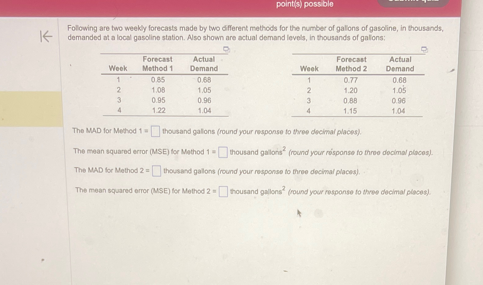 Solved point(s) ﻿possibleFollowing are two weekly forecasts | Chegg.com