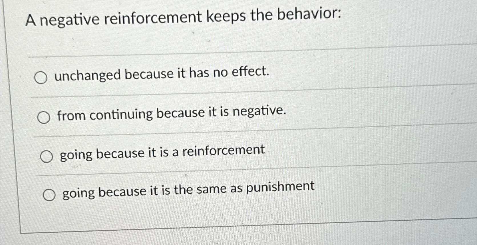 Solved A negative reinforcement keeps the behavior:unchanged | Chegg.com