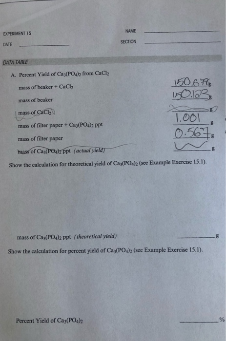 Solved EXPERIMENT 15 NAME SECTION DATE DATA TABLE A. Percent | Chegg.com