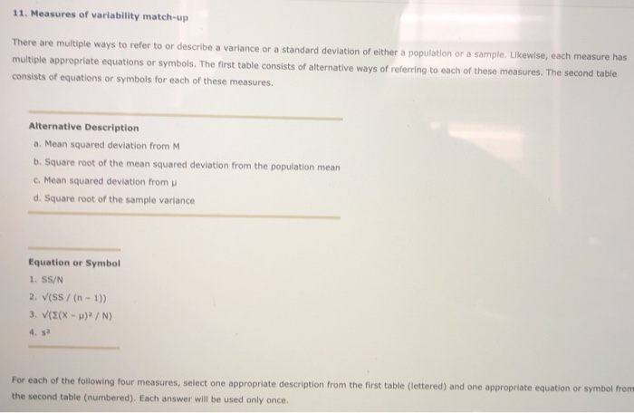 Solved 11. Measures of variability match-up There are | Chegg.com