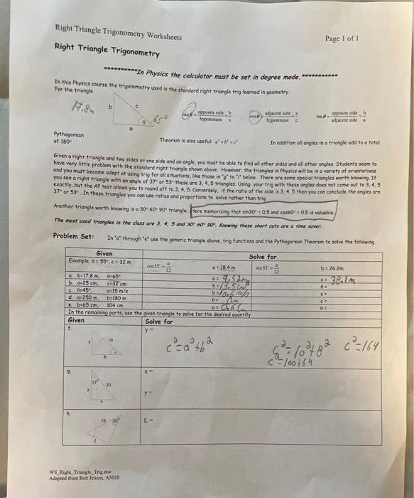 Solved Page 1 Of 1 Right Triangle Trigonometry Worksheets Chegg