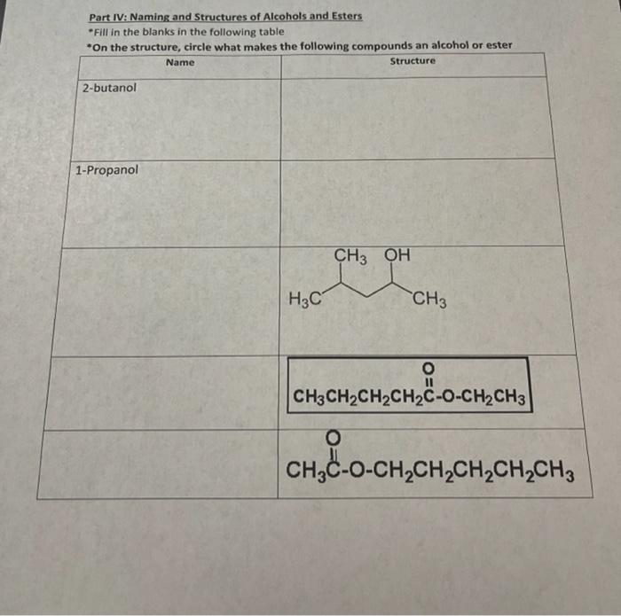 Solved Part IV: Naming and Structures of Alcohols and Esters | Chegg.com