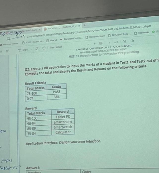 Solved Q2. Create a VB application to input the marks of a | Chegg.com